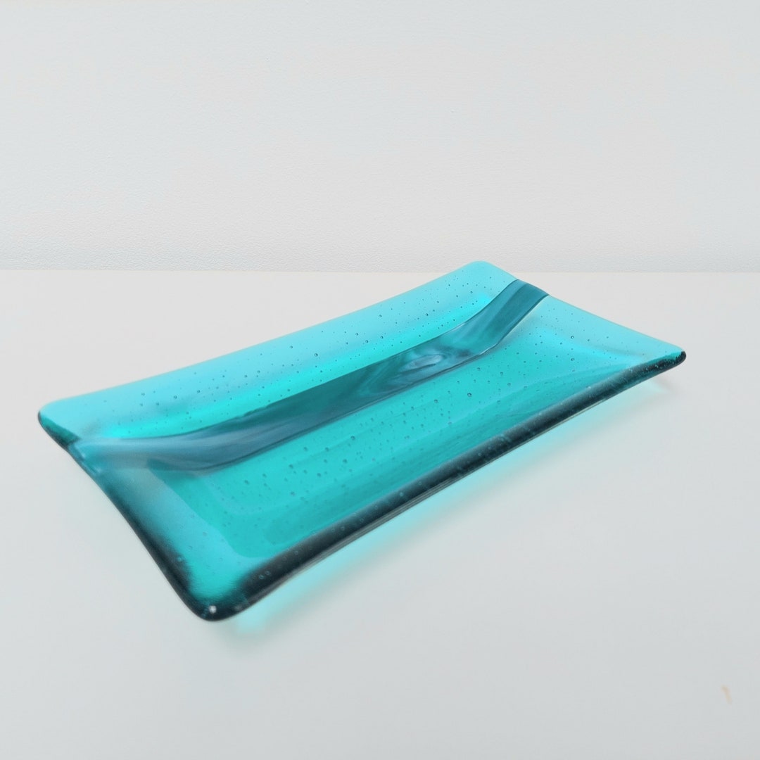 Aqua and Teal Glass Art Platter, Handmade Aqua Fused Glass Plate, Large ...