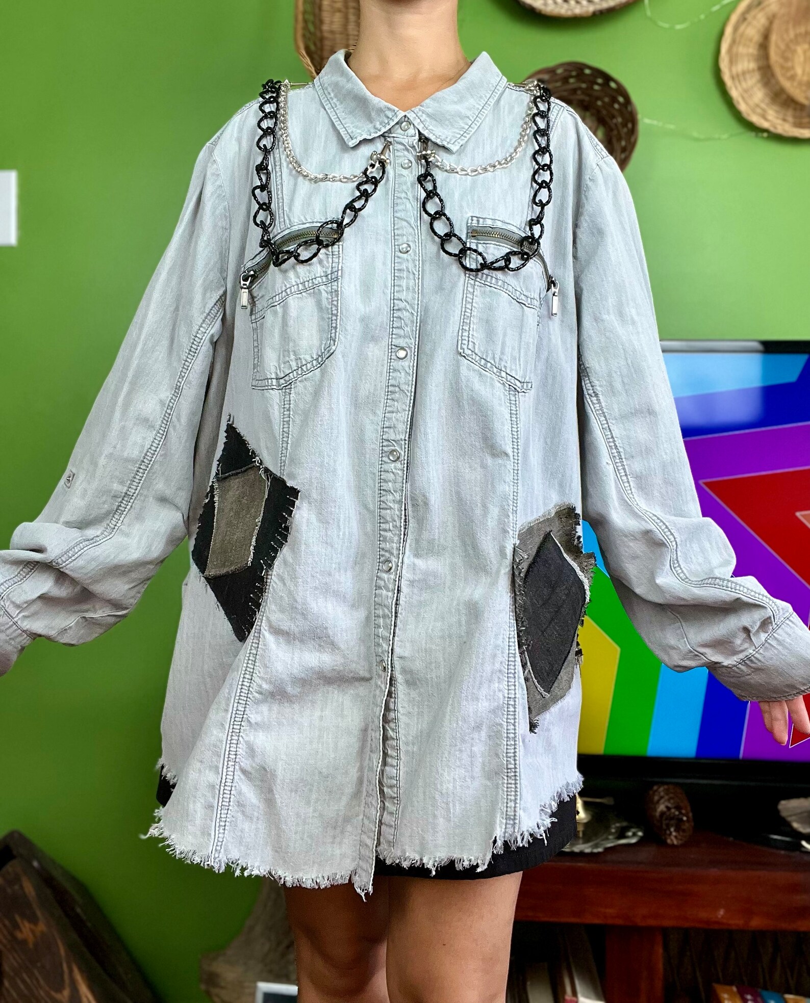 Reworked Denim Shirt Ripped Denim Shirt Funky Shirt Chained Shirt ...