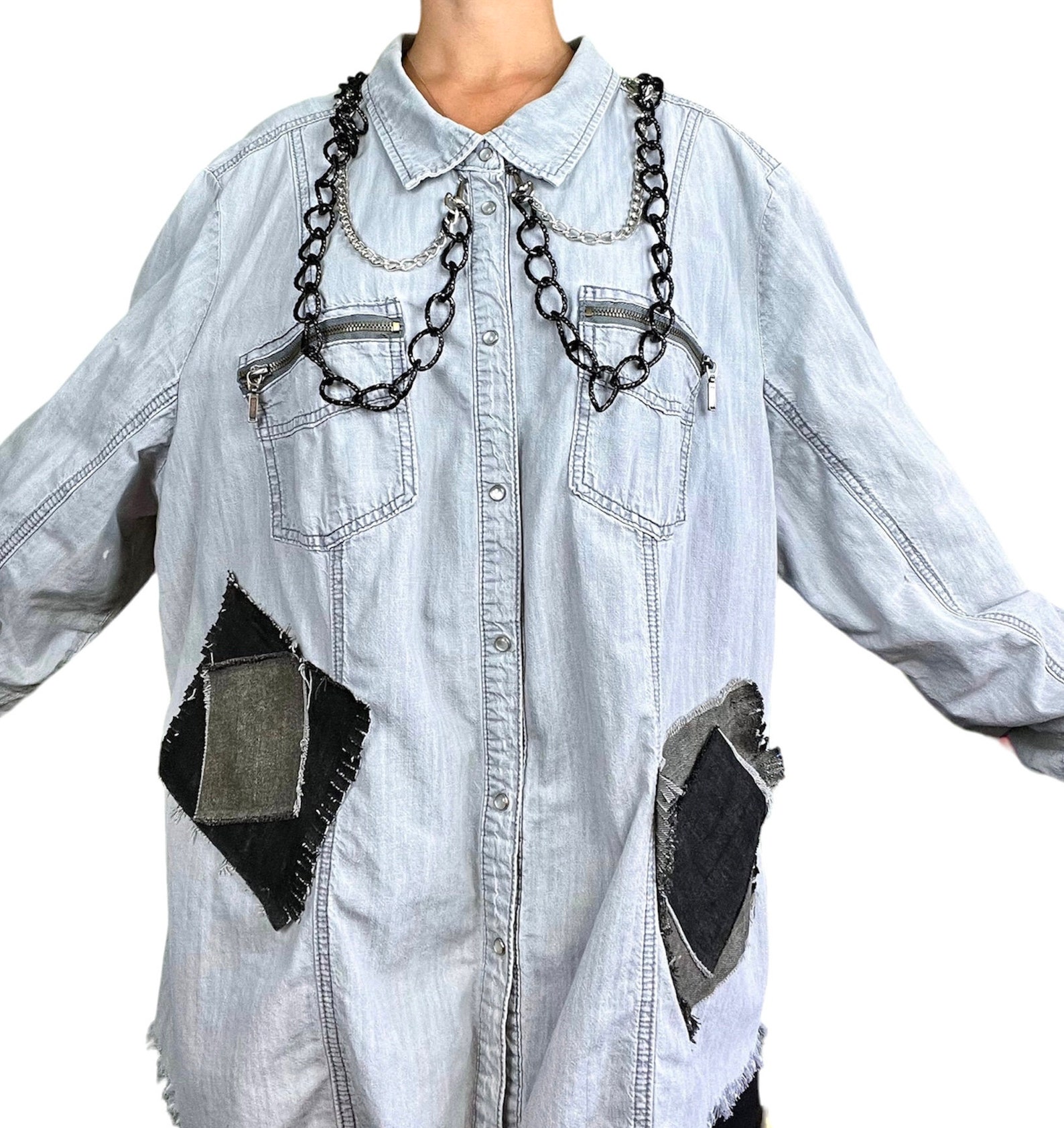 Reworked Denim Shirt Ripped Denim Shirt Funky Shirt Chained Shirt ...