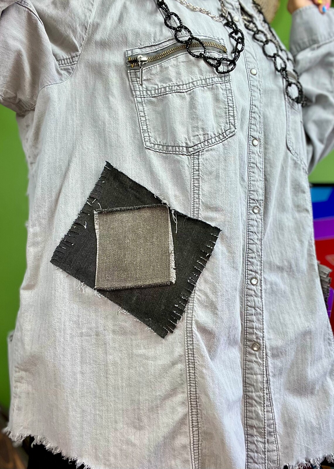 Reworked Denim Shirt Ripped Denim Shirt Funky Shirt Chained Shirt ...