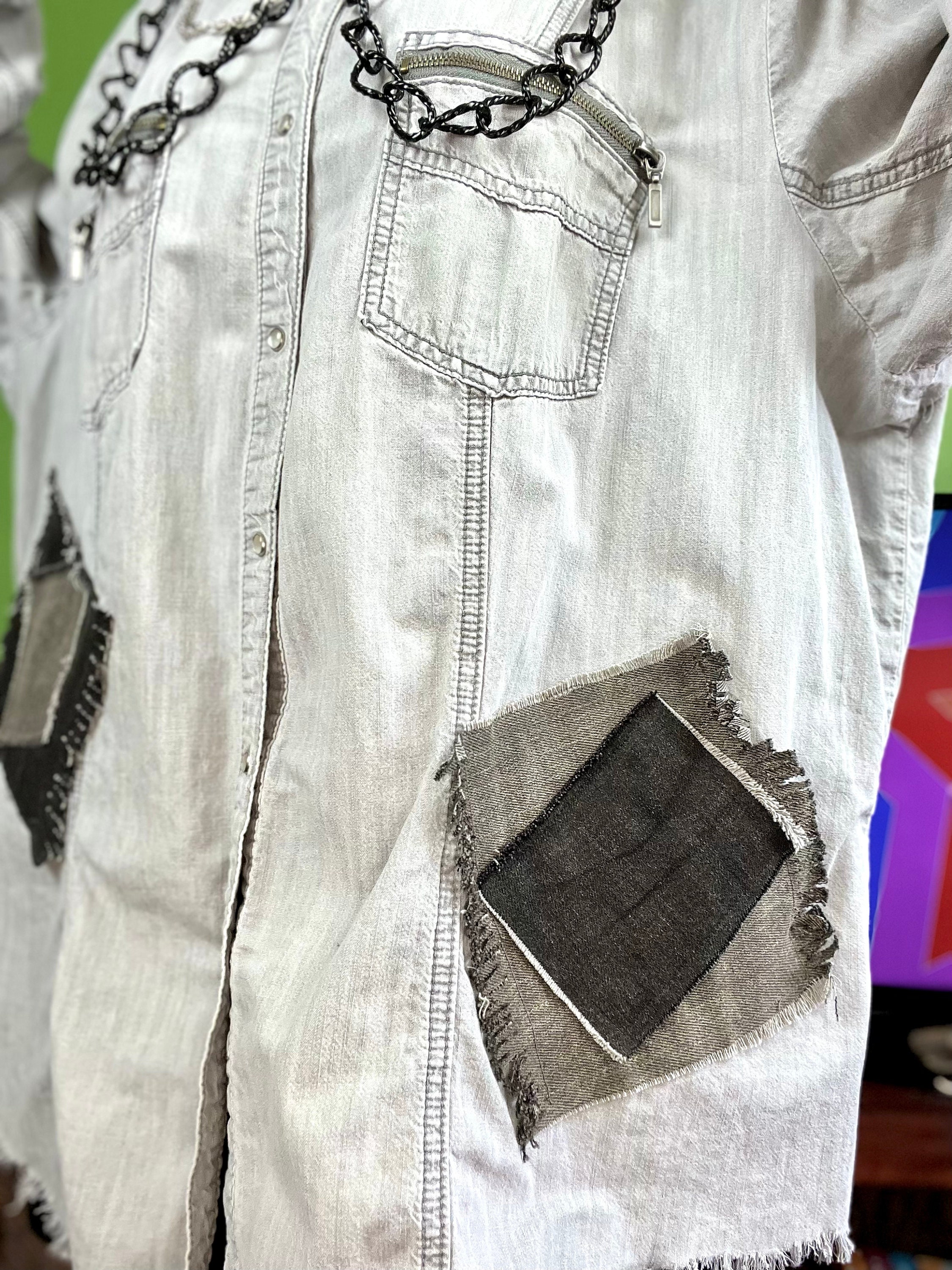 Reworked Denim Shirt Ripped Denim Shirt Funky Shirt Chained Shirt ...