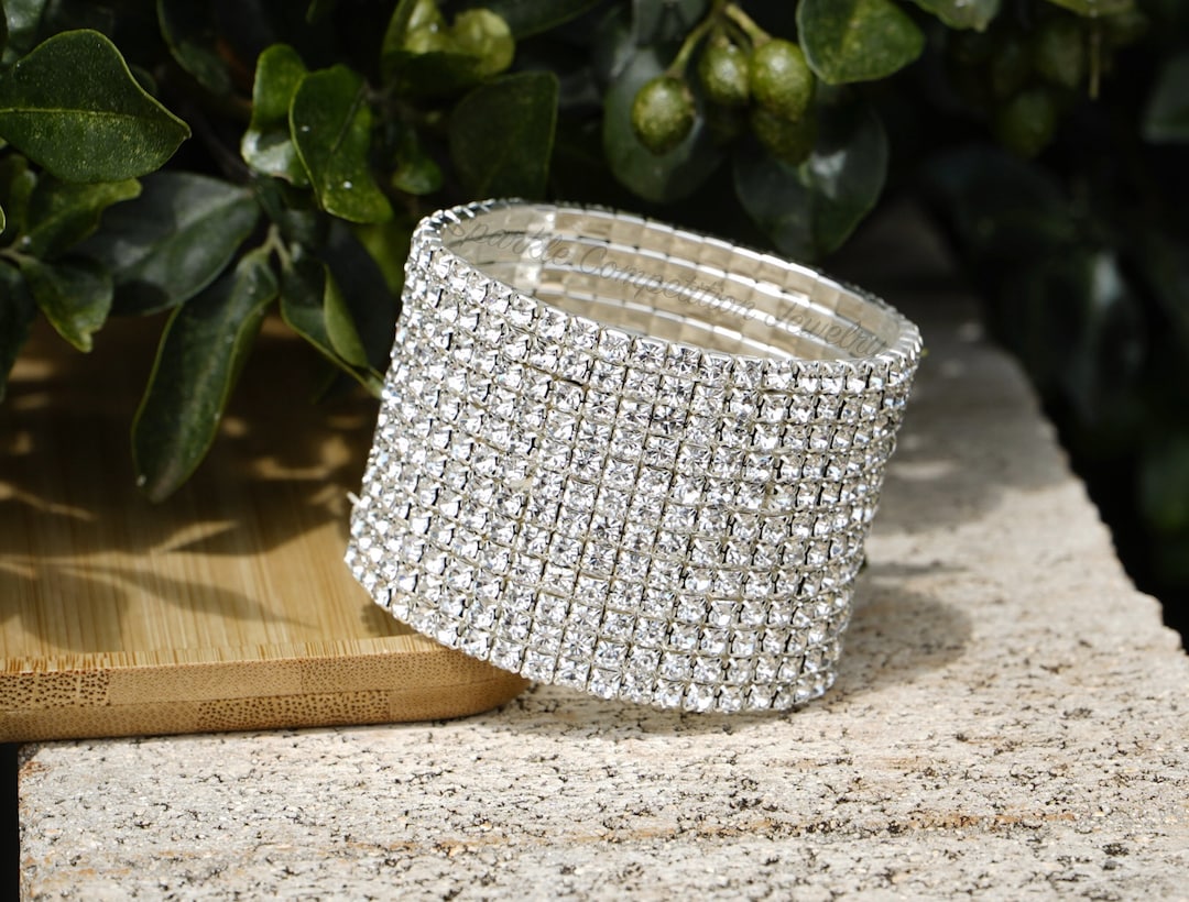 12 Row Silver Rhinestone Stretch Bracelet -bikini Competition Jewelry ...