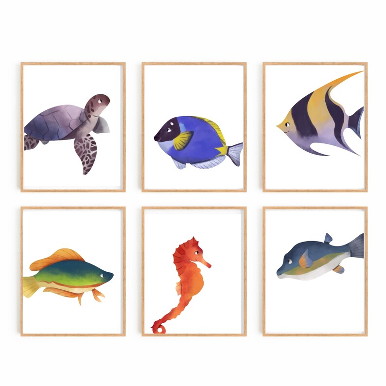 Under the Sea Wall Art, Ocean Fish, Turtle, and Sea Horse Prints, Kids ...