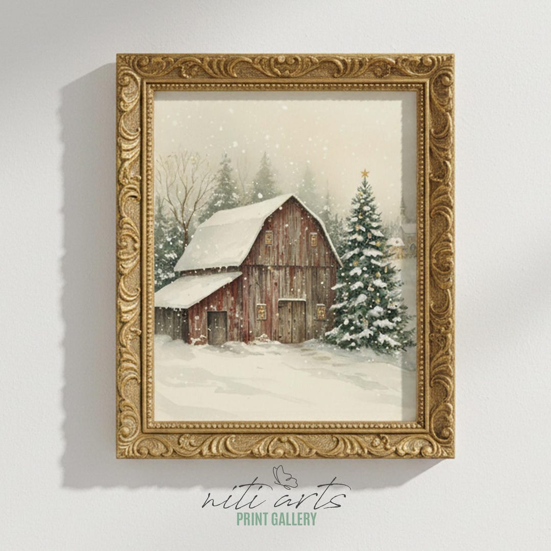Rustic Cabin Art, Snowy Forest Print, Farmhouse Decor, Vintage Barn ...