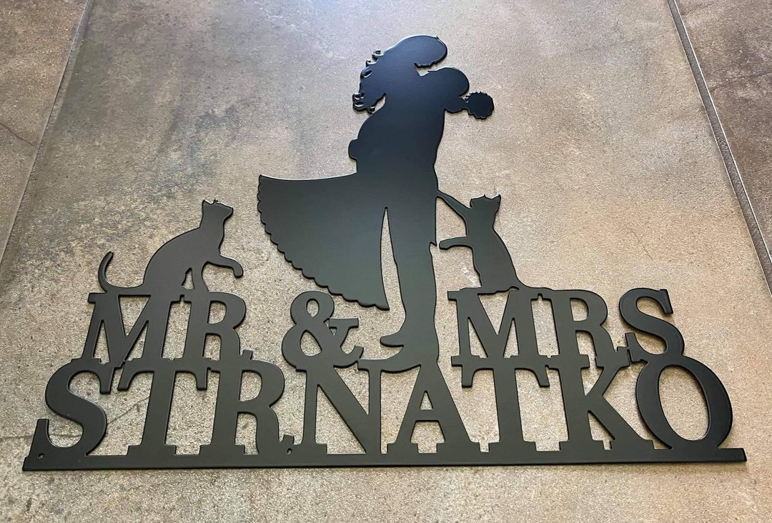 Personalized Metal Wedding Sign With Bride, Groom, and Cats - Etsy