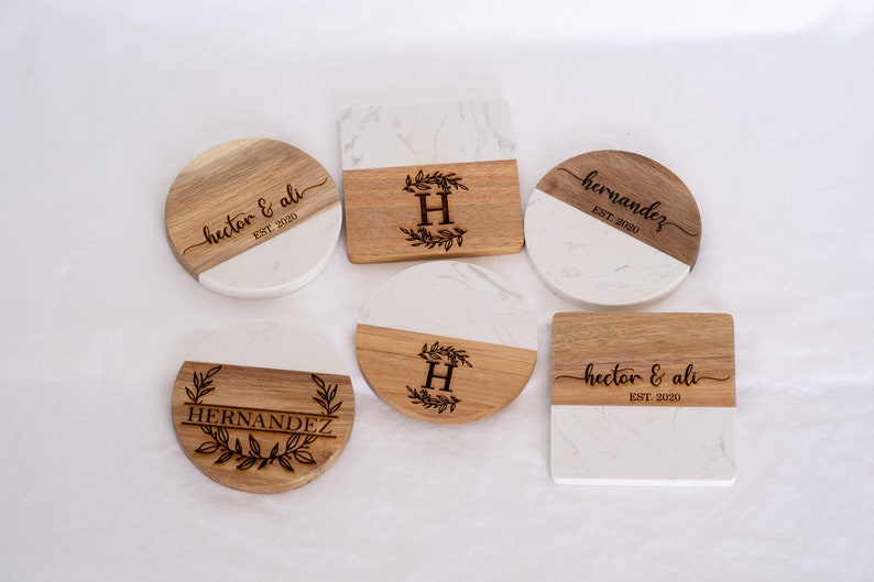Custom Engraved Wood and Marble Coasters Personalized | Etsy