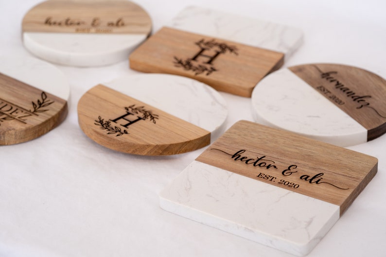 Custom Engraved Wood and Marble Coasters Personalized | Etsy