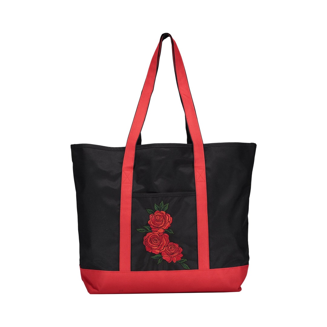 Red Rose Floral Tote Bag, Embroidered Canvas Tote, Aesthetic Everyday ...