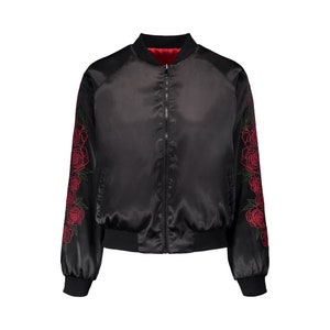 Red Rose Embroidered Reversible Bomber Jacket - Etsy
