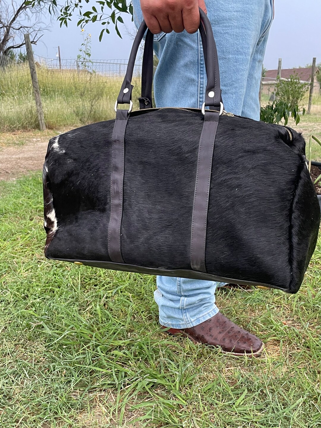 Genuine Hair on Leather Cow Hair Duffle Travel Bag Travel Weekend Bag ...