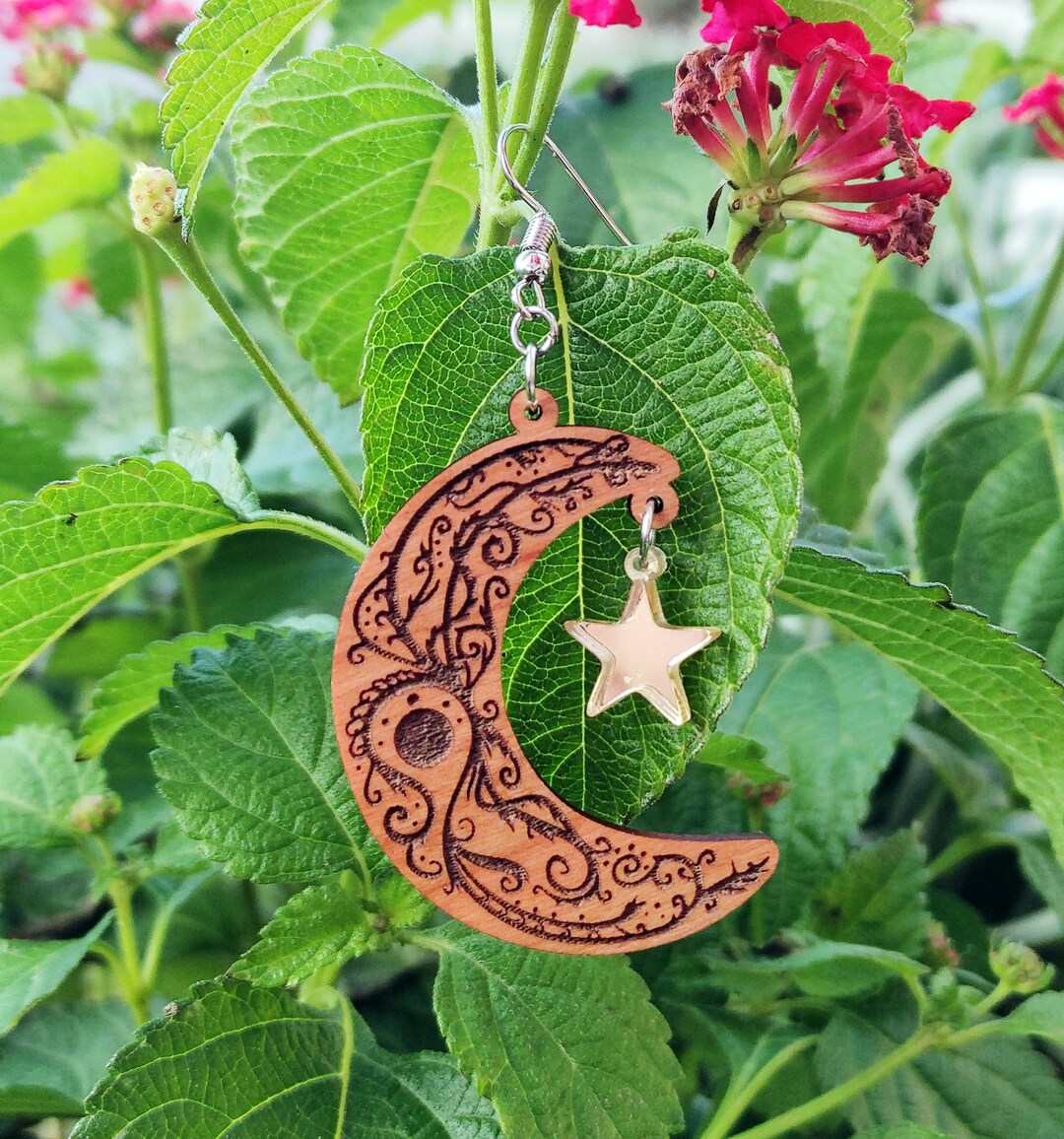 SVG Filigree Moon Earring With Dangles Star and Alphabet, Glowforge ...