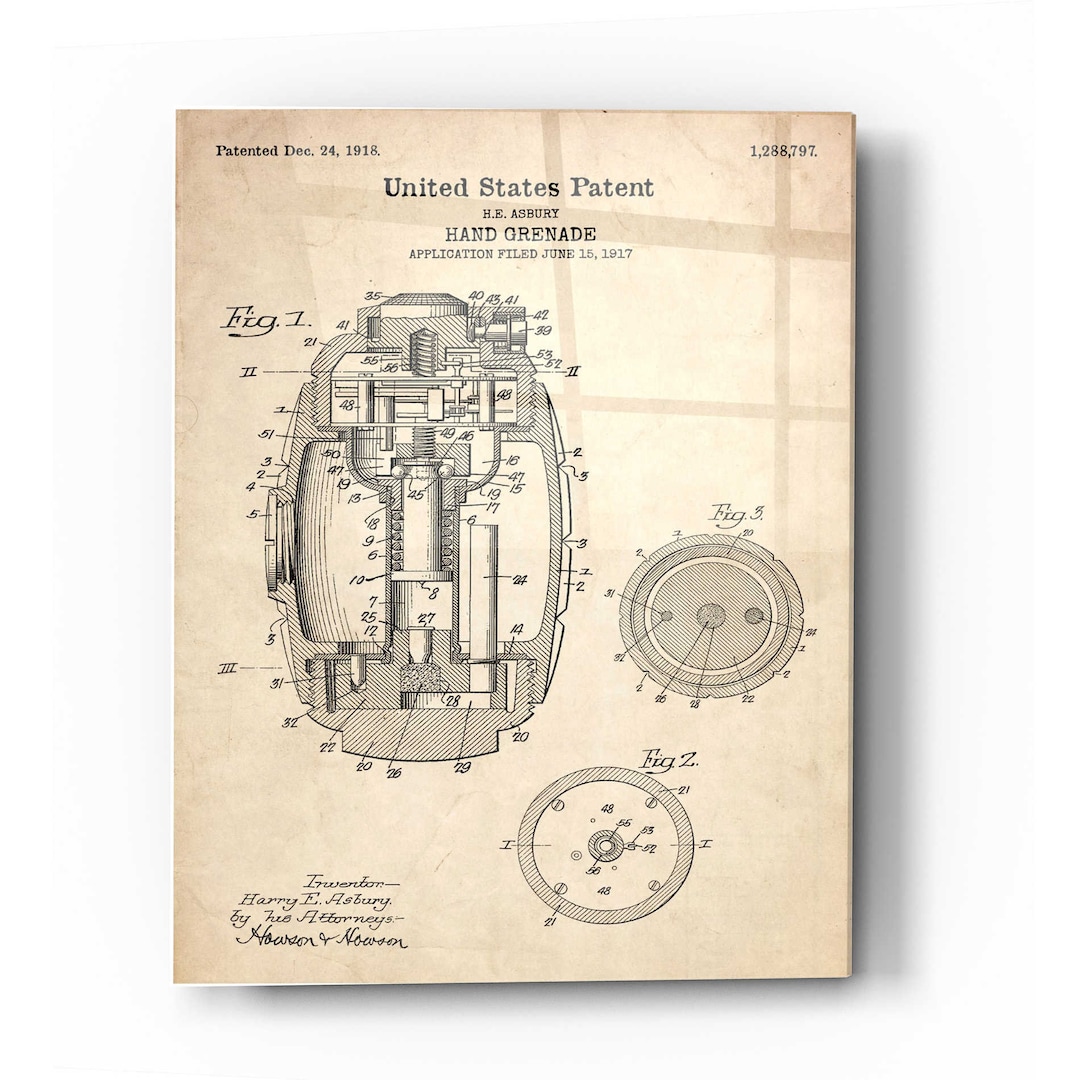 Acrylic Glass Wall Art 'hand Grenade Blueprint Patent Parchment' - Etsy