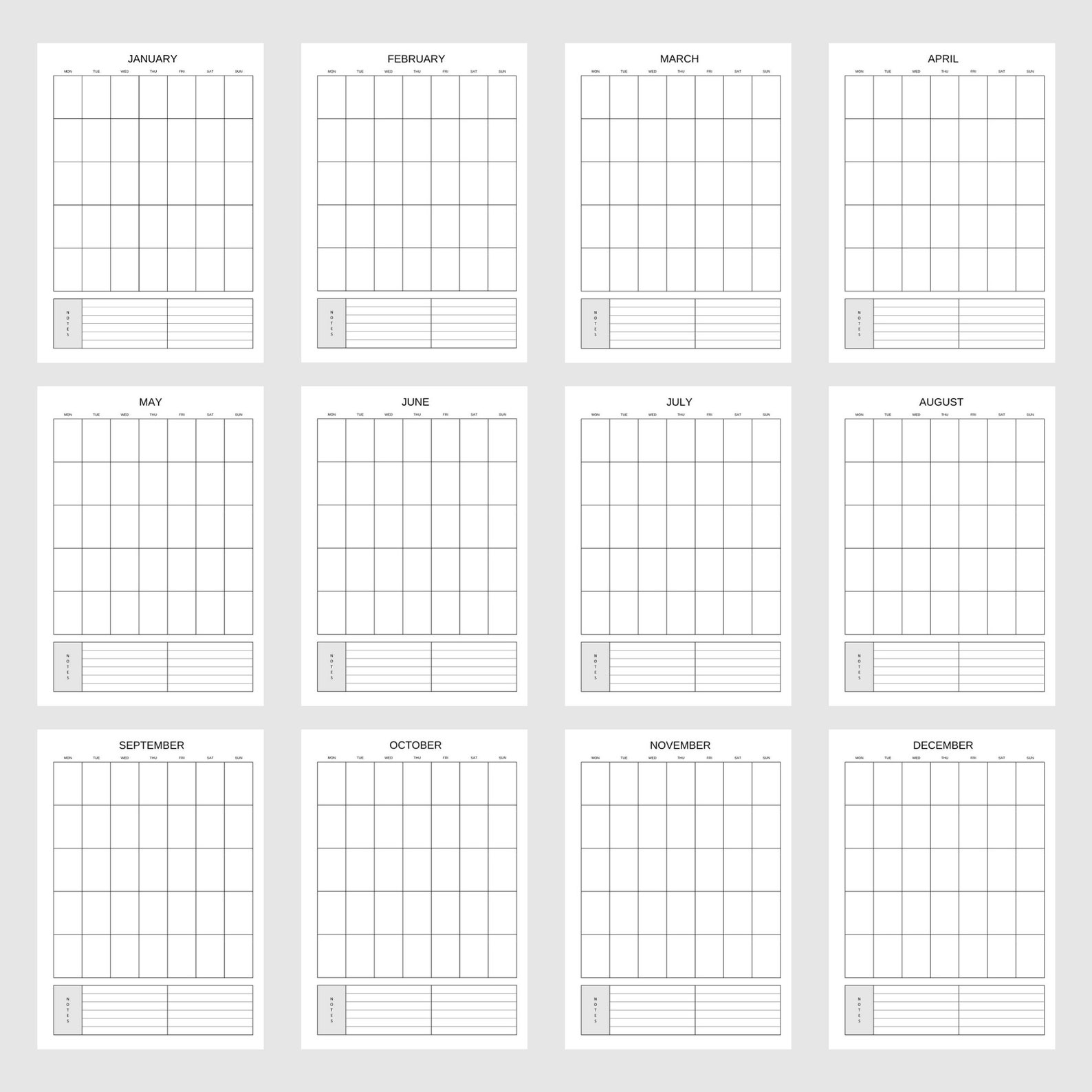 Plantilla de calendario en blanco sin fecha tamaño A4 y - Etsy México