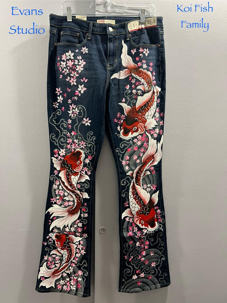 New Wearable Art Hand Painted KOI FISH FAMILY Women Denim Jeans - Great ...