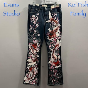 New Wearable Art Hand Painted KOI FISH FAMILY Women Denim Jeans - Great ...