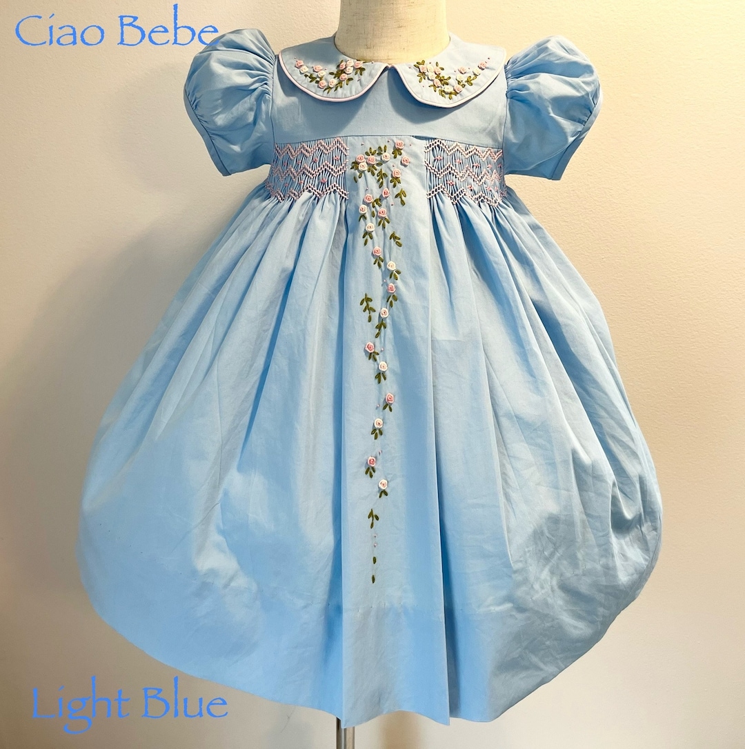 NEW Hand Embroidered Smocked Dress Children Baby Girl LIGHT BLUE Ciao ...