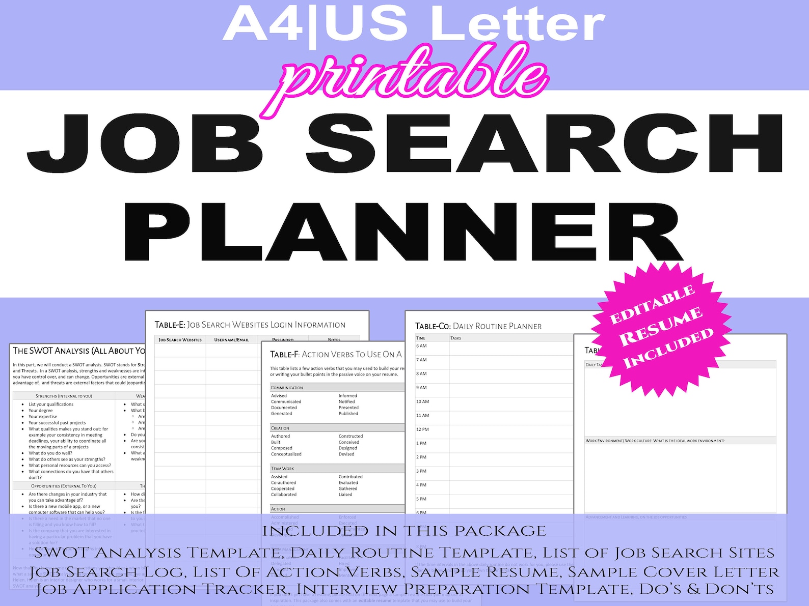 Job Search Planner, SWOT Analysis, Daily Routine Planner,interview ...