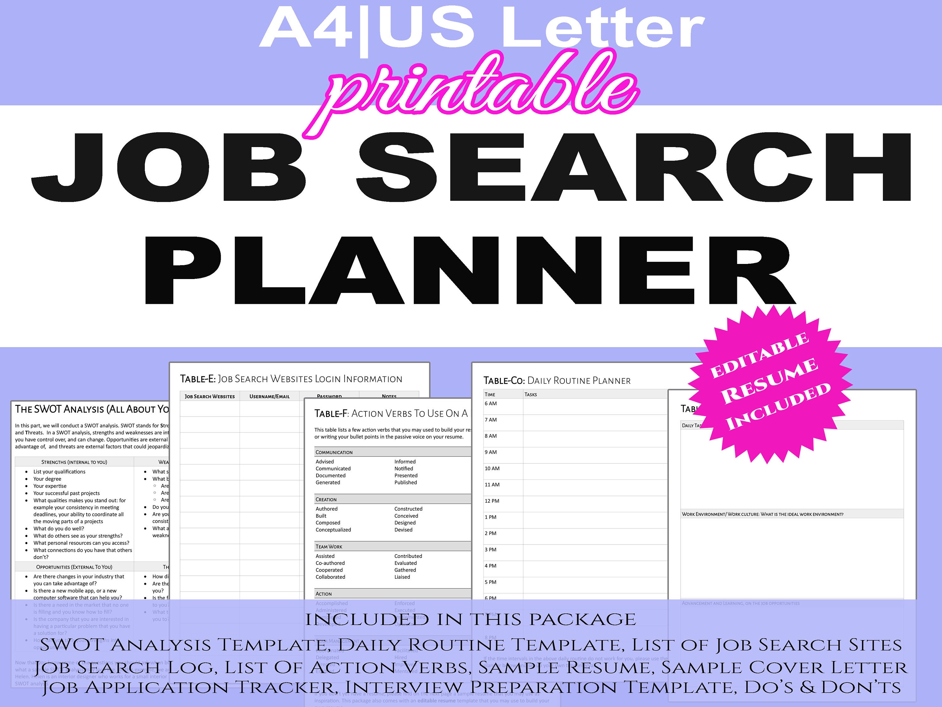 Job Search Planner, SWOT Analysis, Daily Routine Planner,interview ...