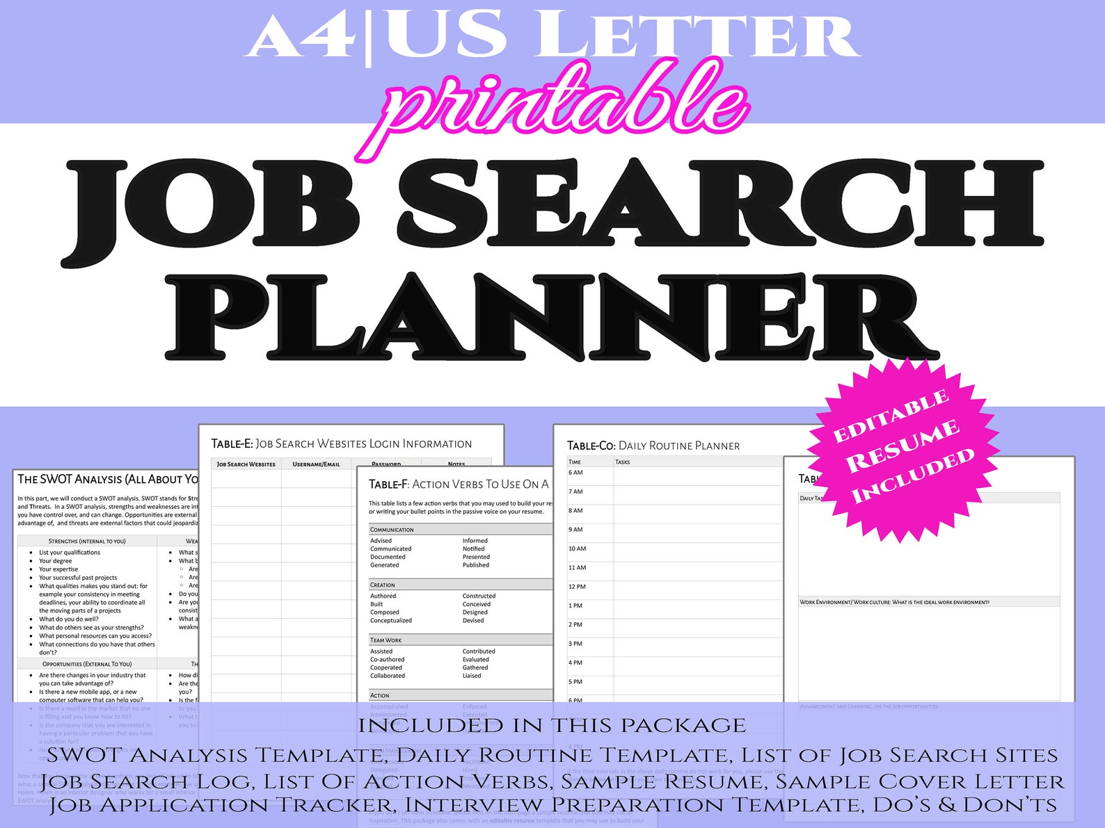 Job Search Planner, SWOT Analysis, Daily Routine Planner,interview ...