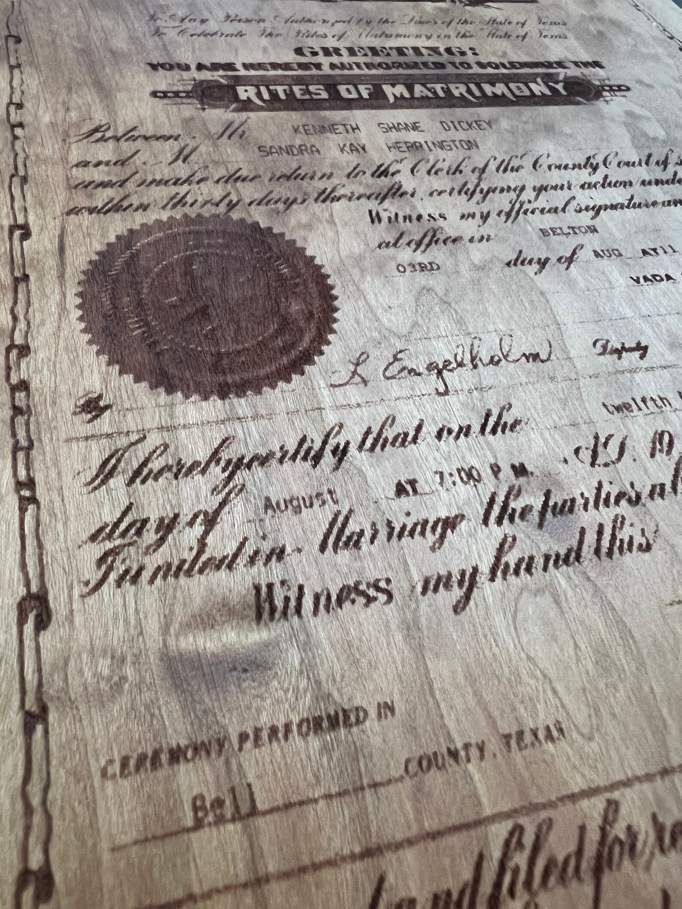 Laser Engraved Certificate of Marriage | Engraved Marriage License ...