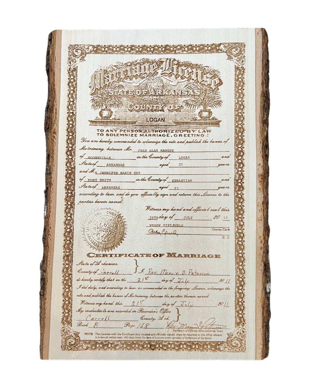 Laser Engraved Certificate of Marriage | Engraved Marriage License ...