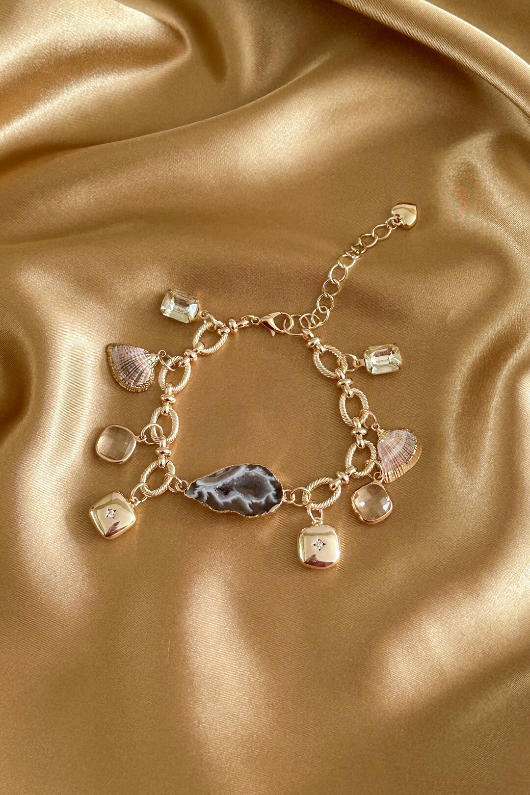 Natural Stone Gold Plated Statement Vintage Charm Bracelet / Crystal ...