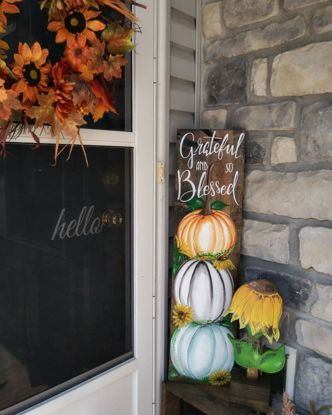Stacked Pumpkin Sign Thankful and Blessed Front Door Board - Etsy