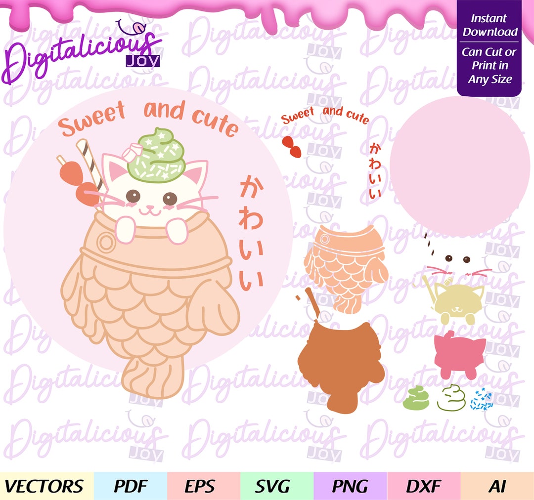 Svg Ice Cream and Kitty, Taiyaki, Kawaii Food, Japanese Food, Bundle ...