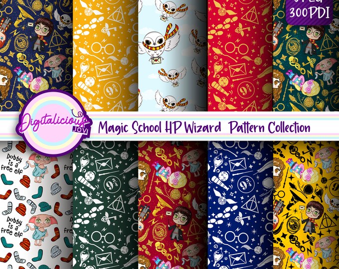 10 Magic School Hp Wizard Seamless Pattern Pack, Wizards and Witches ...