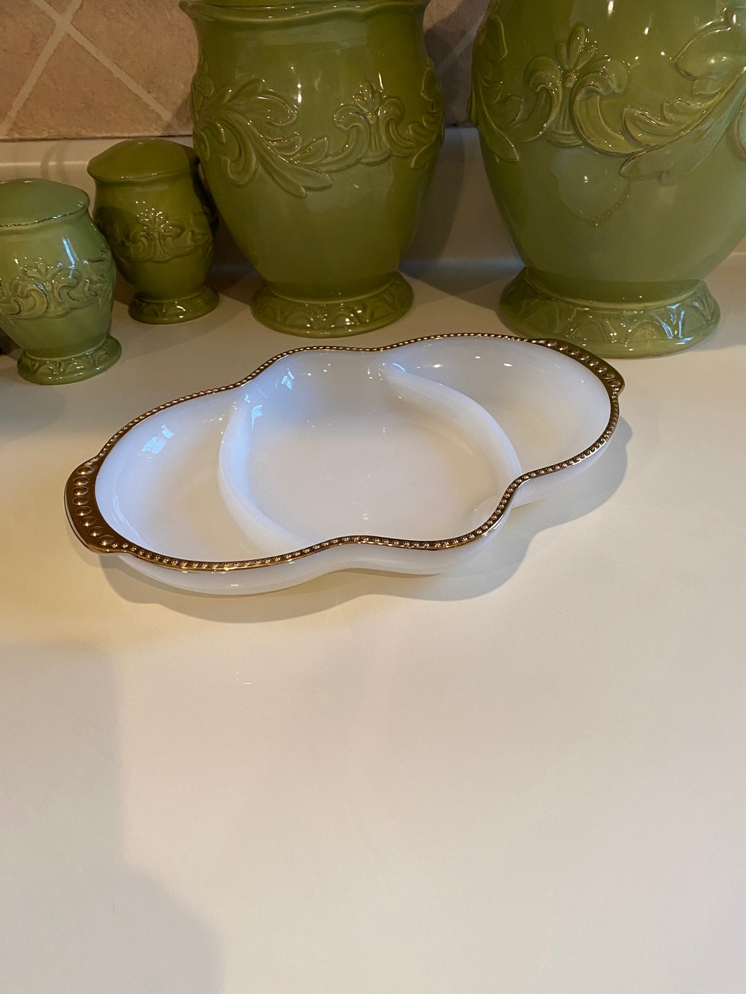 Fire King Ovenware White Milk Glass Vintage 3 Section Tray With Gold ...