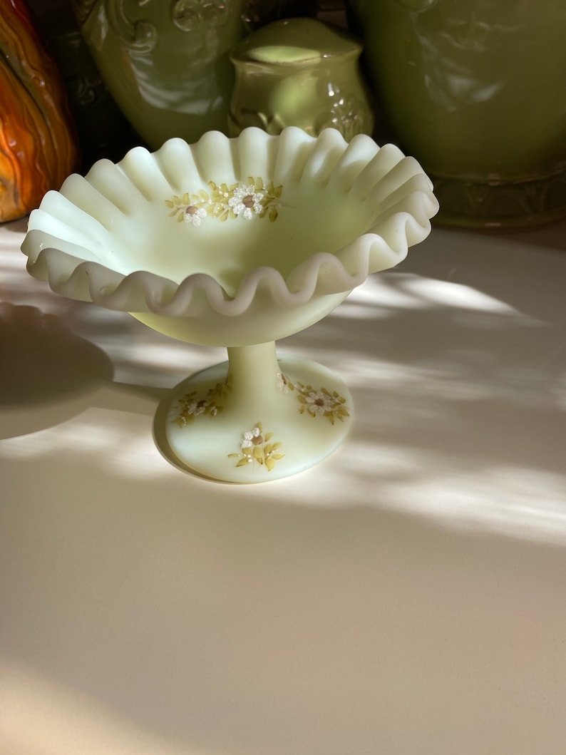 Fenton Custard Satin Ruffled Edge Candy Dish Hand Painted - Etsy
