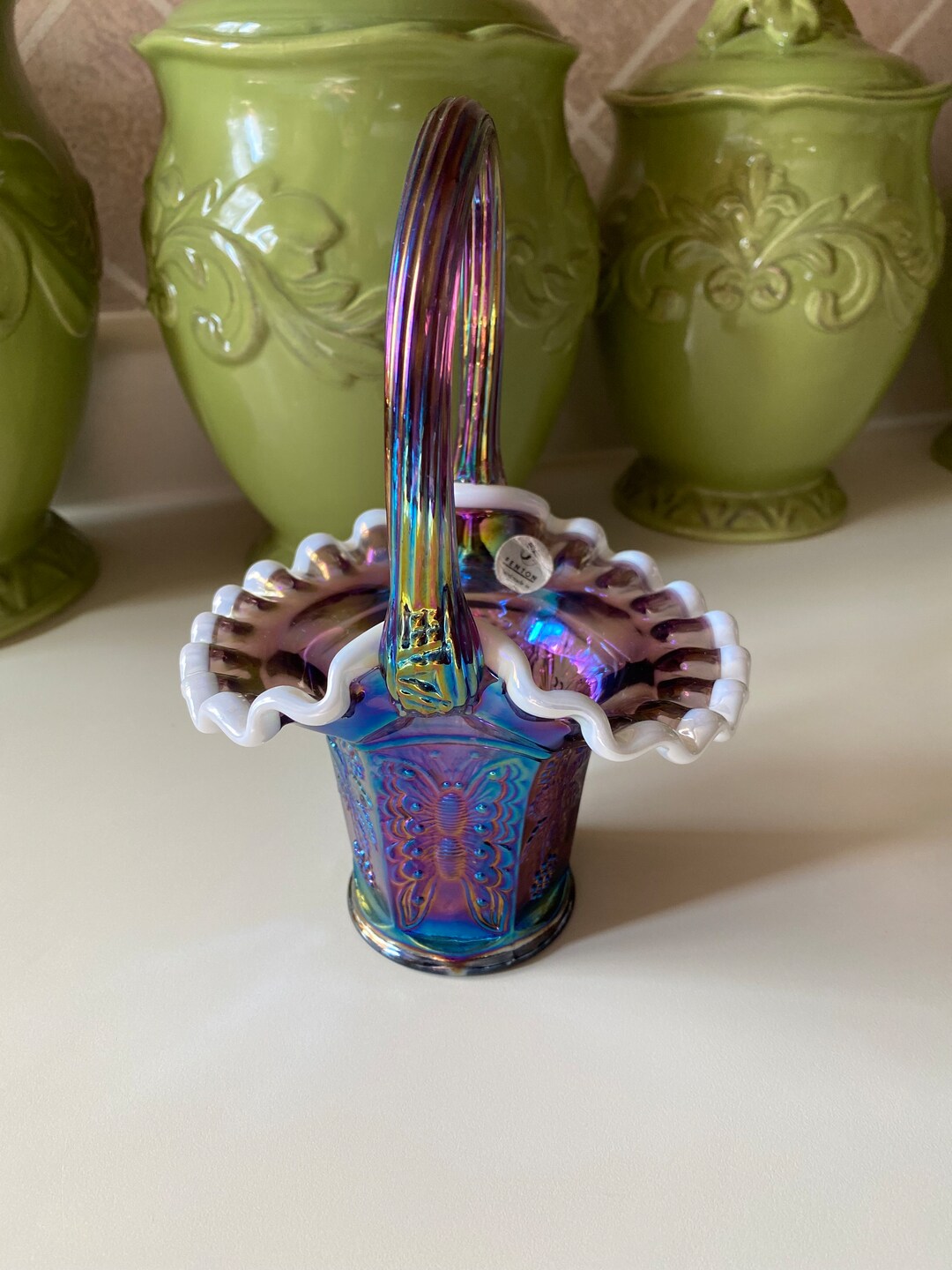 Fenton Plum Carnival Butterfly and Berry Basket With Milk Glass Edge ...