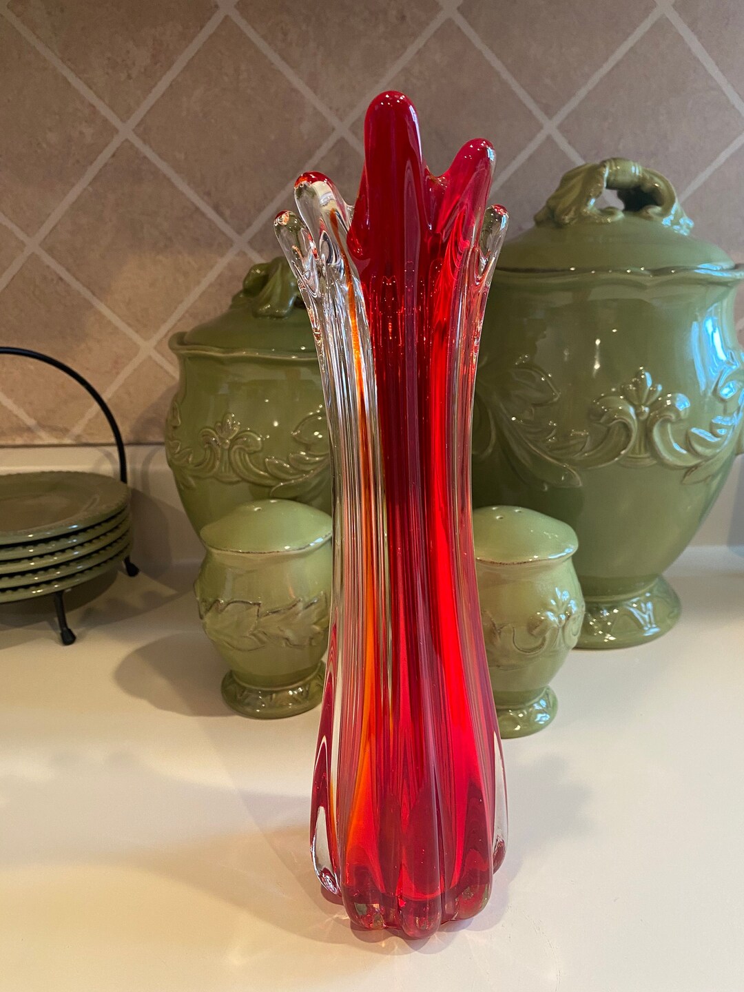 Murano Like Style Swung Glass Vase - Red, Orange, and Clear - Etsy