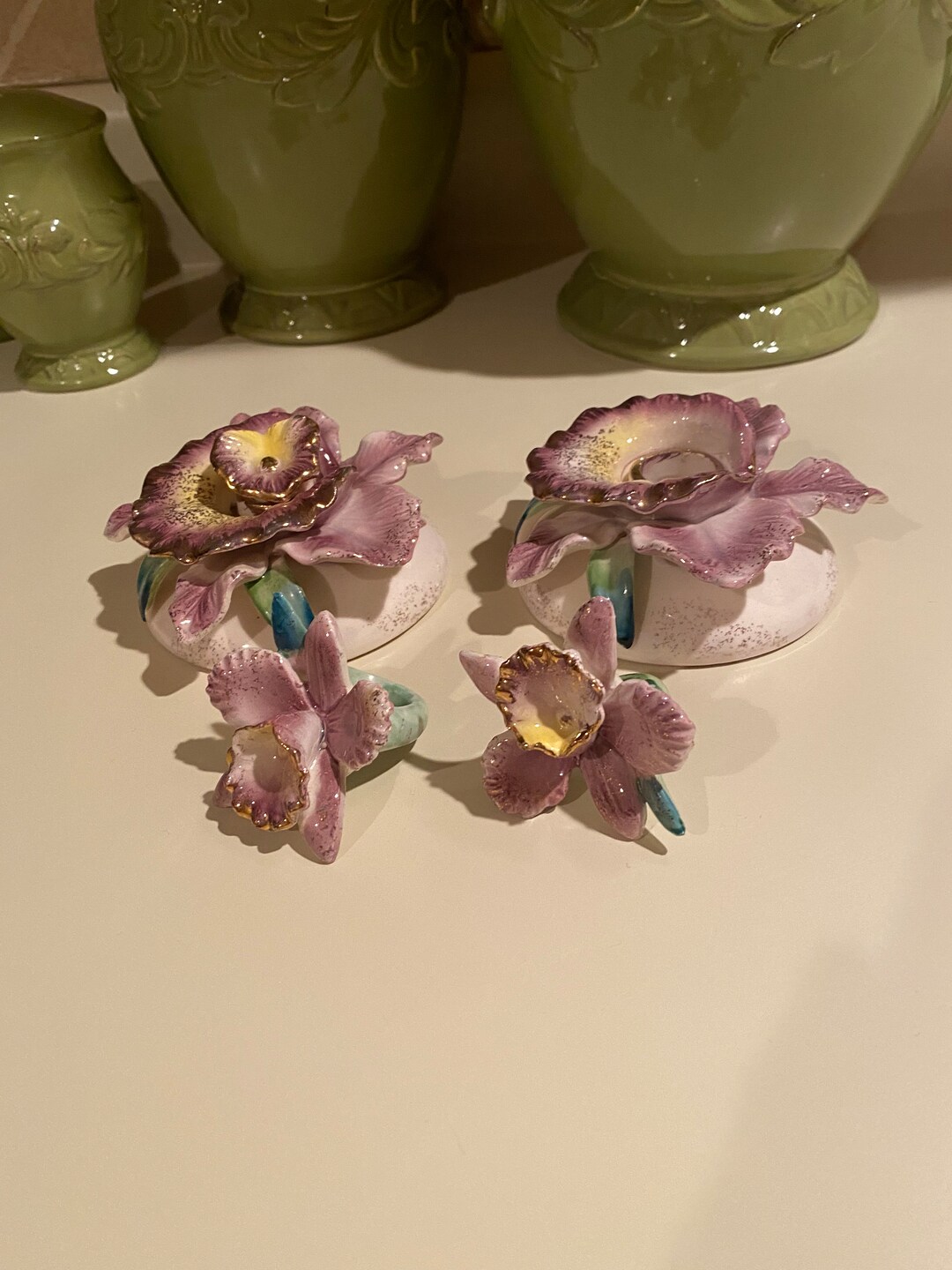 Commodore Ceramic Flower Candlesticks and Napkin Ring Set - Etsy