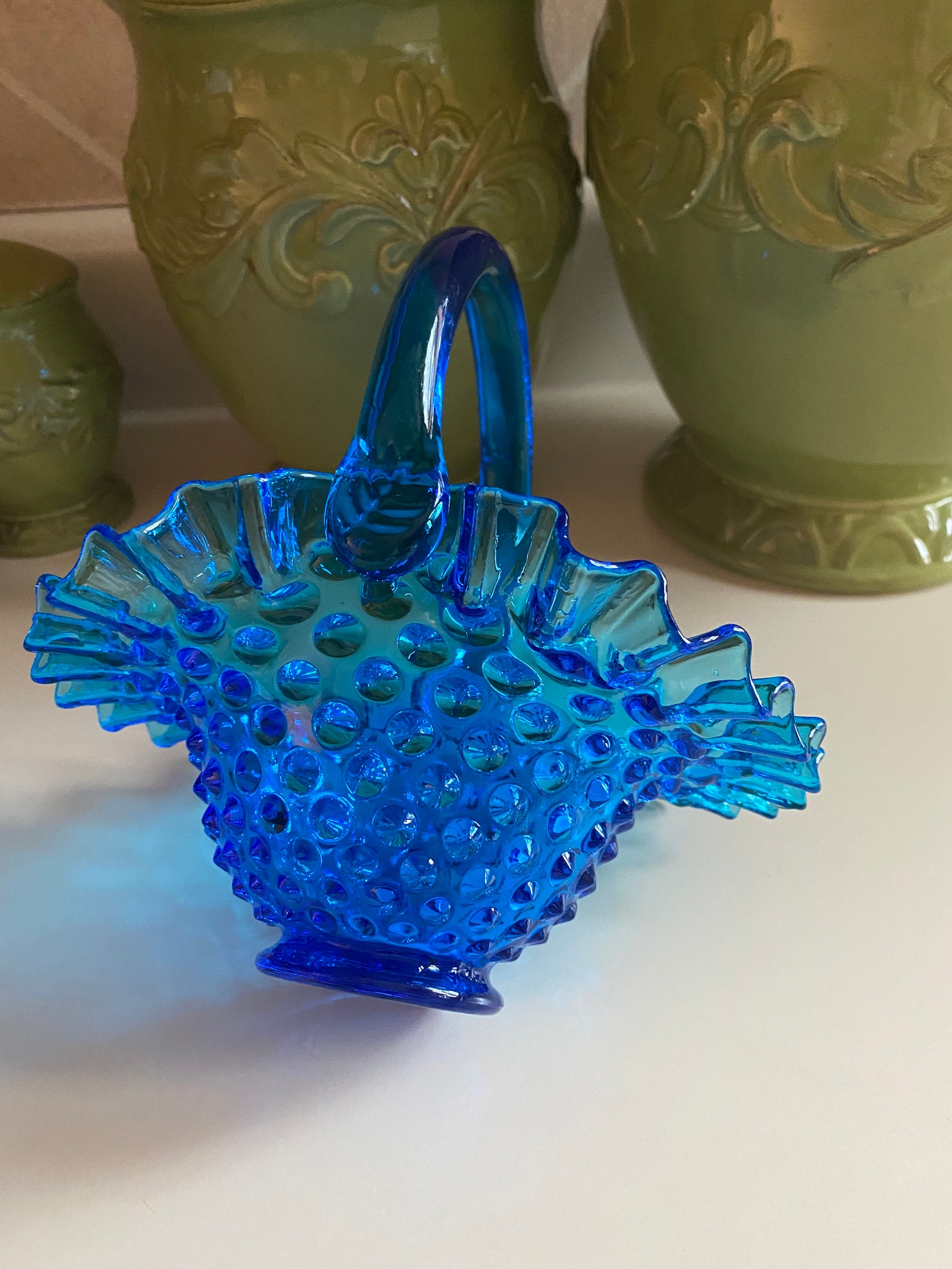 Fenton Colonial Blue Fluted Hob Nail Glass Basket - Etsy