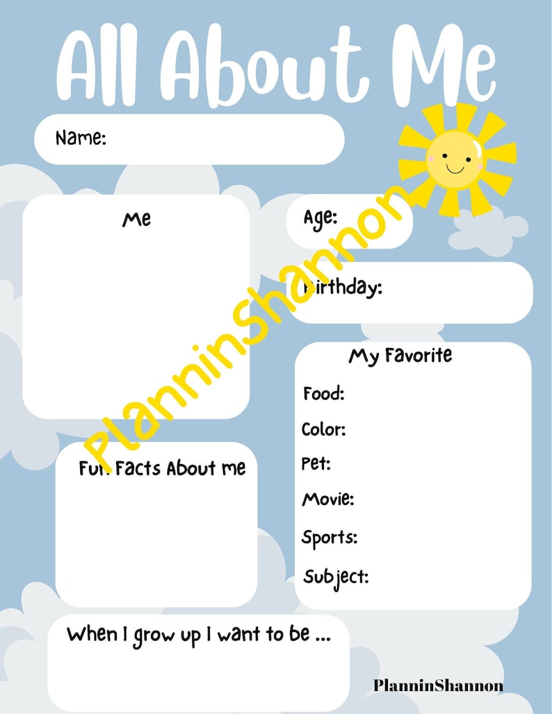 All About Me Clouds Worksheet First Day of School Activity Ice Breaker ...