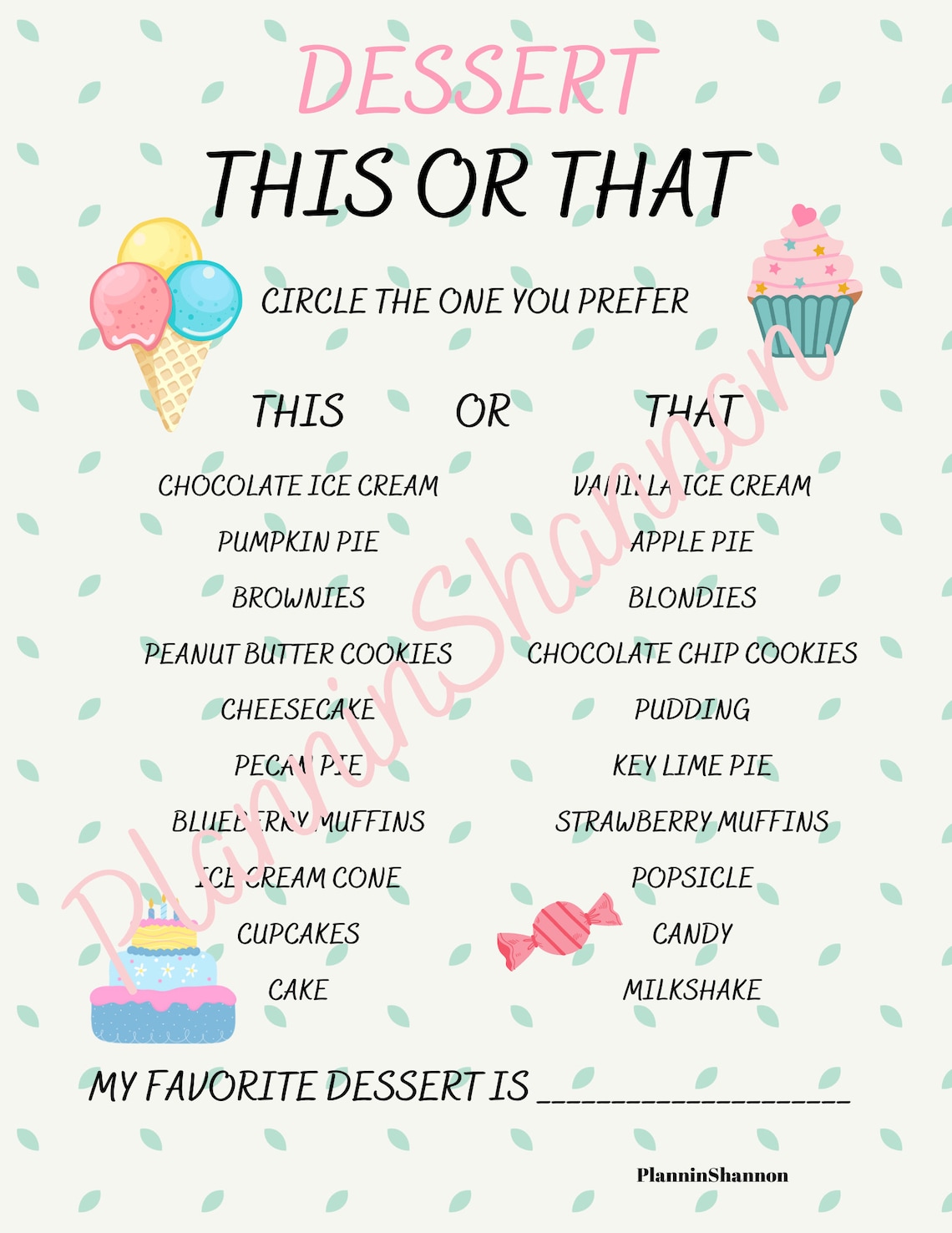 This or That Game Party Printable Dessert Game Kids Party Game - Etsy