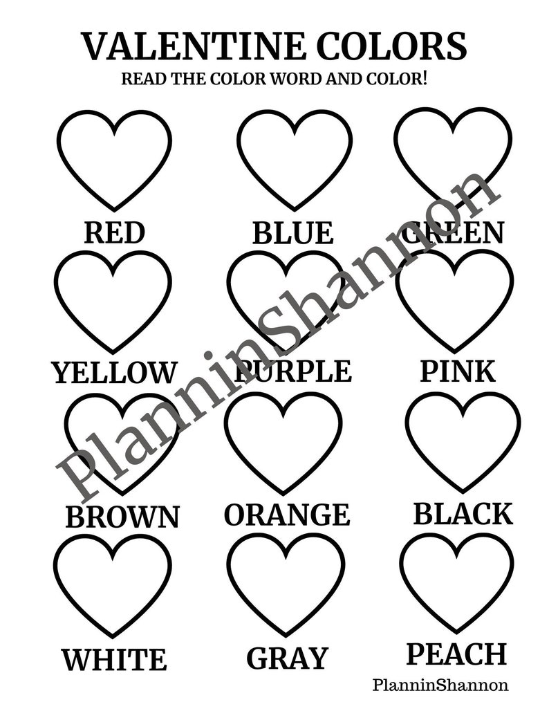 Color Words Worksheet Color Names Valentines Coloring - Etsy