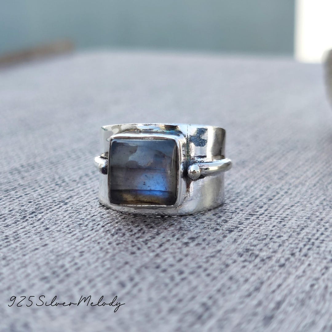 Blue Fire Labradorite Ring: Handcrafted Sterling Silver Wide Band - Etsy