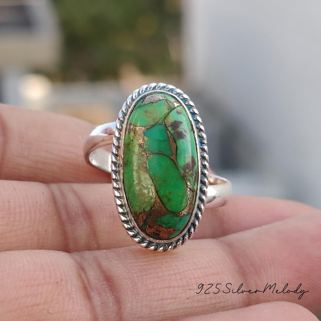 Shining Green Copper Turquoise Ring, Sterling Silver Ring, Unique Shape ...