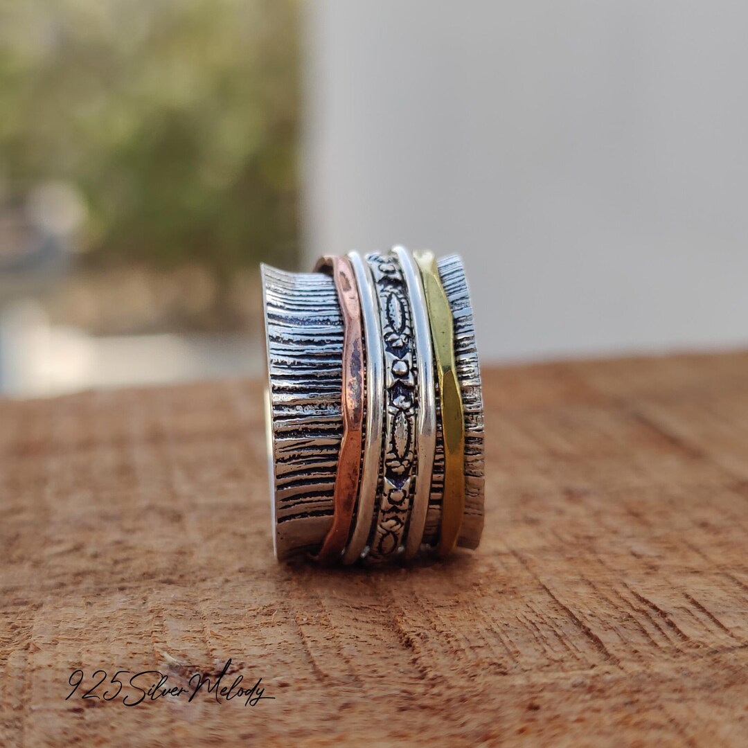 5 Tone Silver Spinner Ring - Copper Brass Boho Spinner Ring - 925 ...