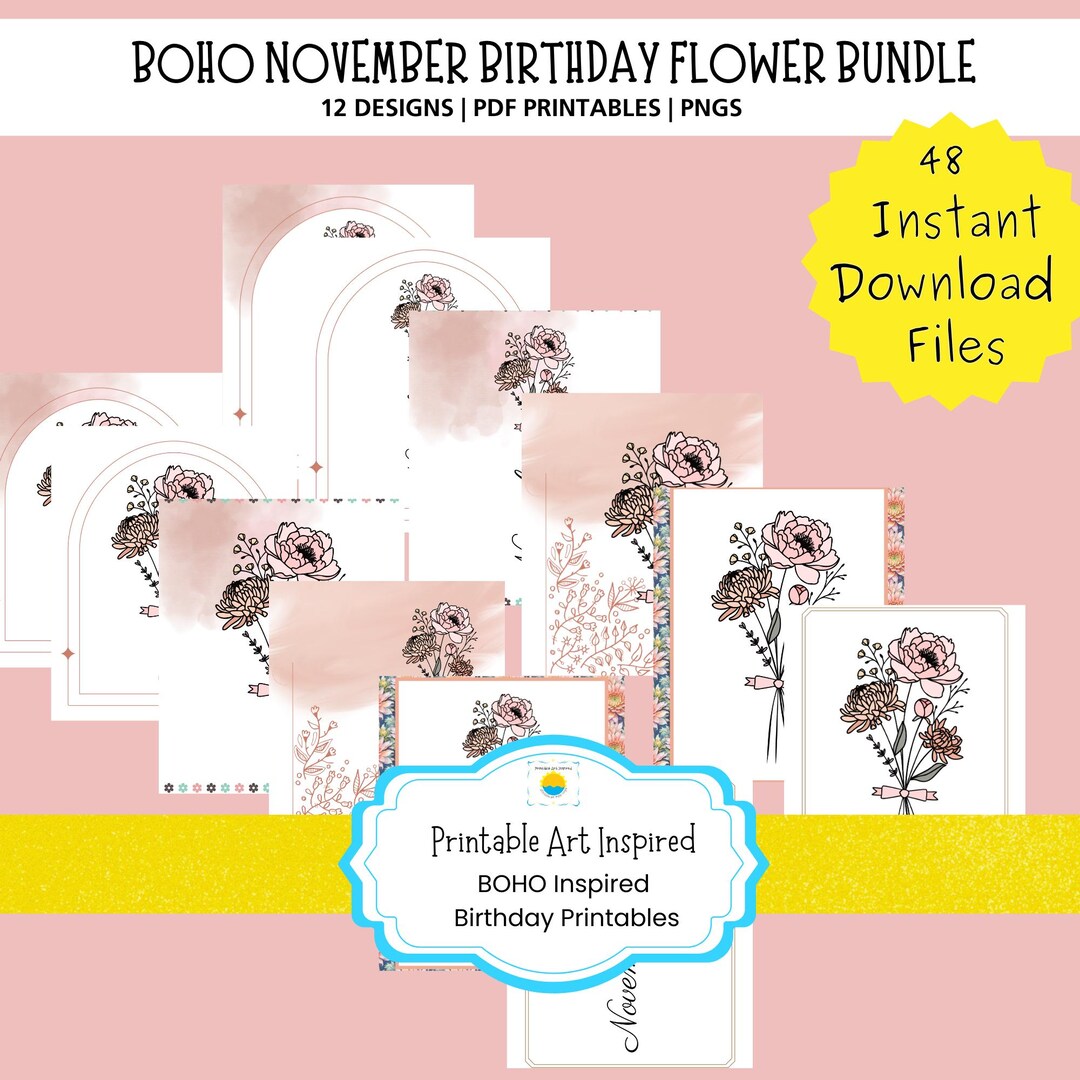 November Birthday Flower Printables Bundle, Boho Art Bundle (PDF & PNG ...