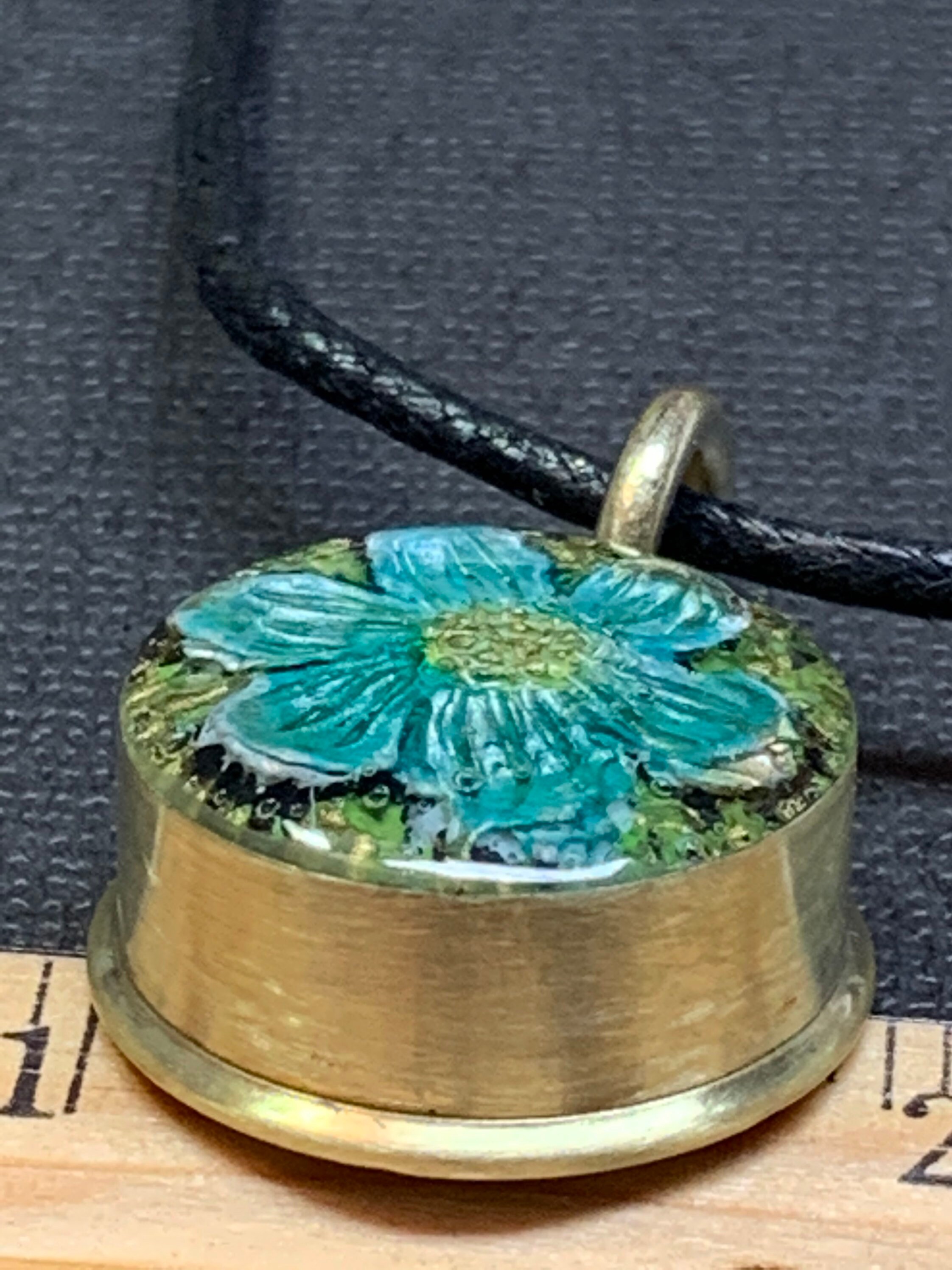 Hand Sculpted Blue Flower, Shotgun Shell Pendant Necklace on Adjustable ...