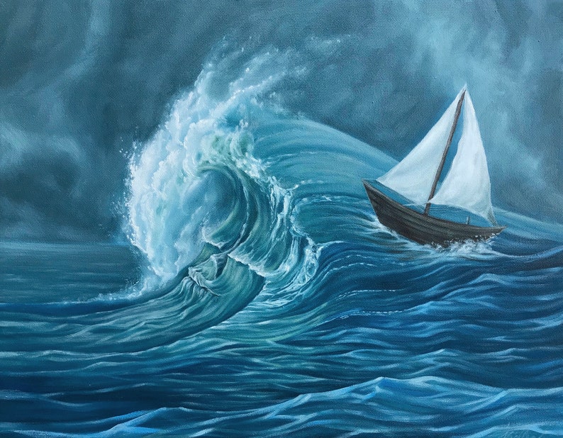 Ride the Wave: Original Surreal Art, Ocean Wave Sailboat Art ...