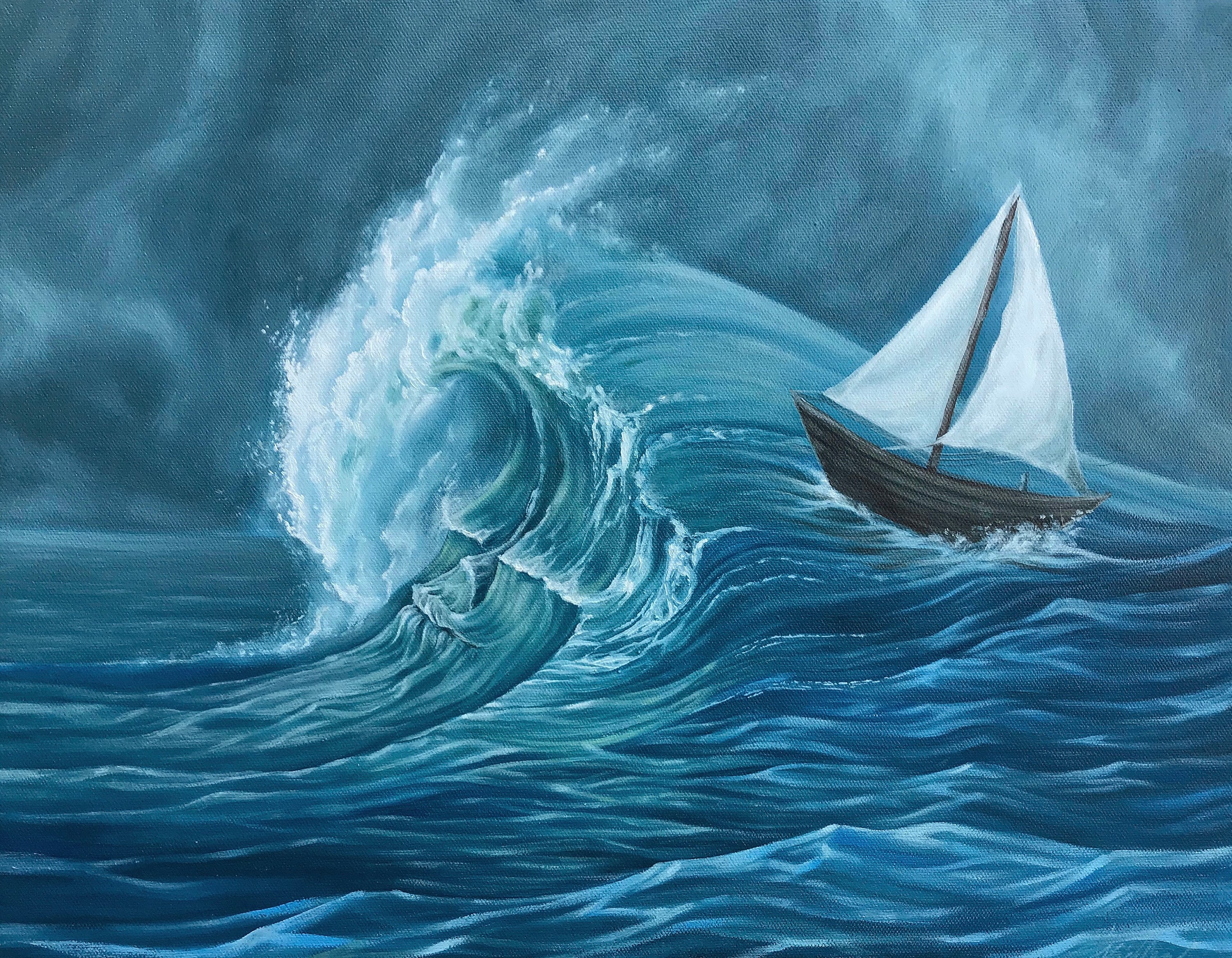 Ride the Wave: Original Surreal Art, Ocean Wave Sailboat Art ...