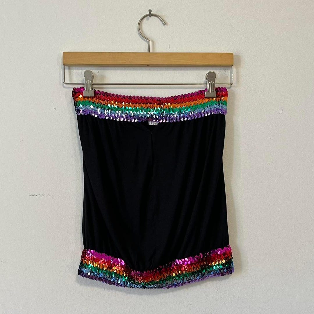 Vintage 90s Y2k Rainbow Sequin Black Tube Top Keyhole Boyd Made in ...