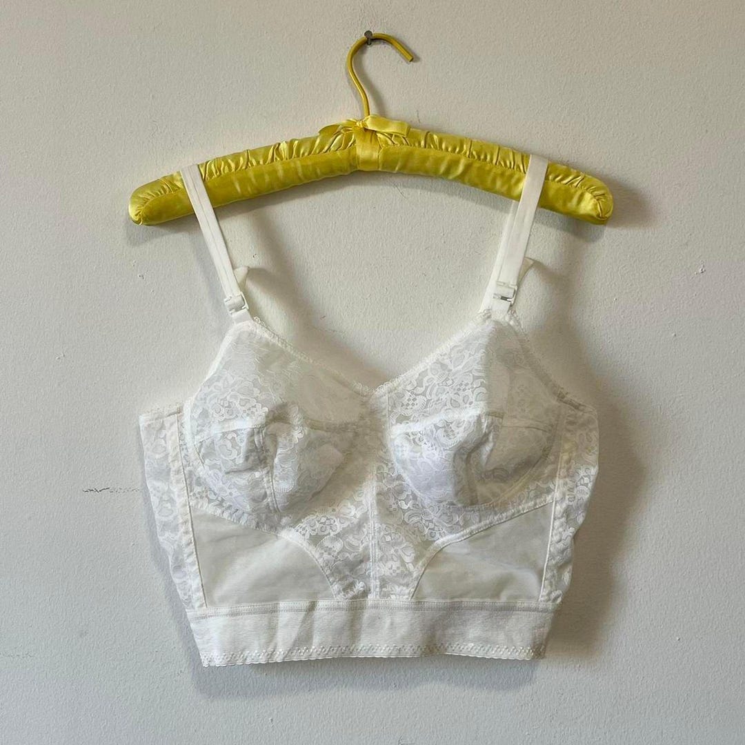Vintage Long Line Bra Bustier Sheer White Lace 38C Underwire Unpadded ...