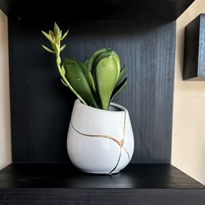 Kintsugi Planter W/ Artificial Plant - White With Gold Repair ...