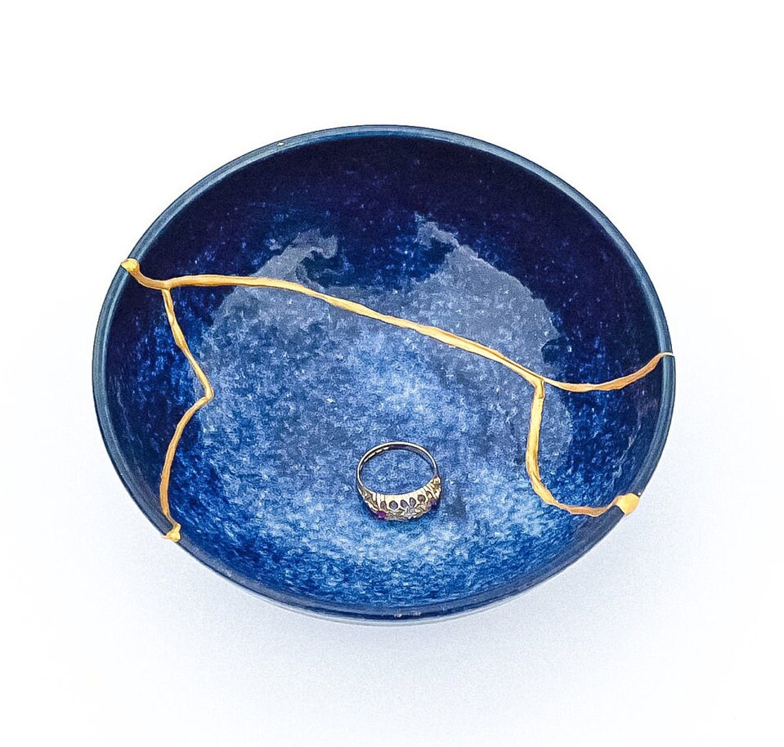 Ocean Blue Real Kintsugi Bowl - Jewelry Holder - Jewelry Container ...