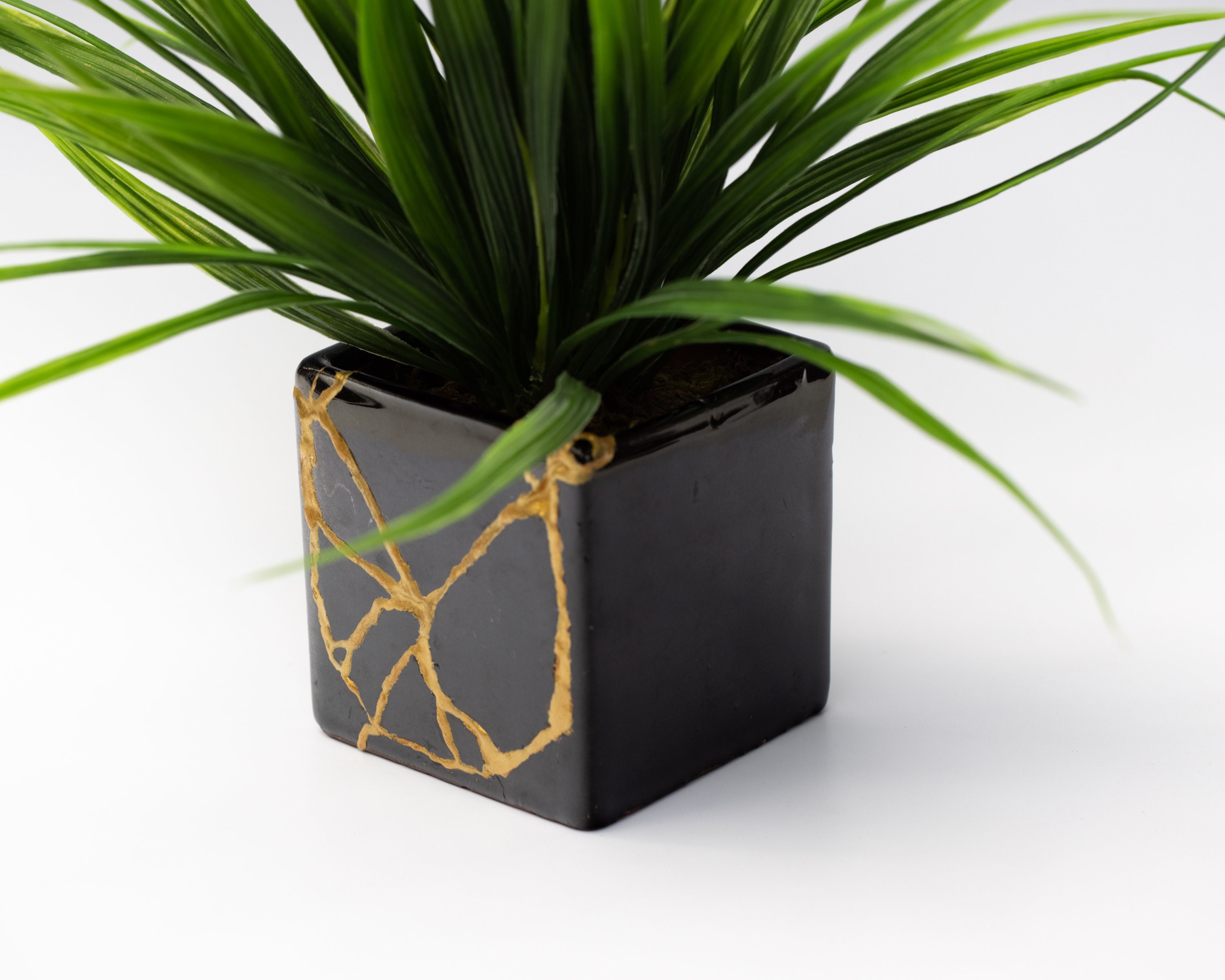 Kintsugi Planter W/ Artificial Plant Black With Gold Repair | Etsy